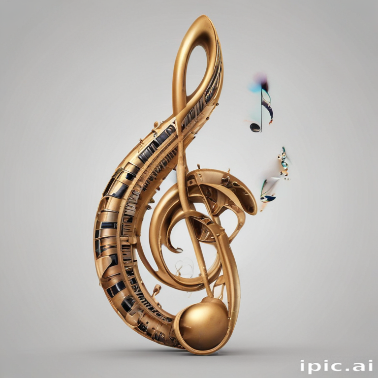 Elegant Golden Musical Note with Piano Keys and Floating Music Notes