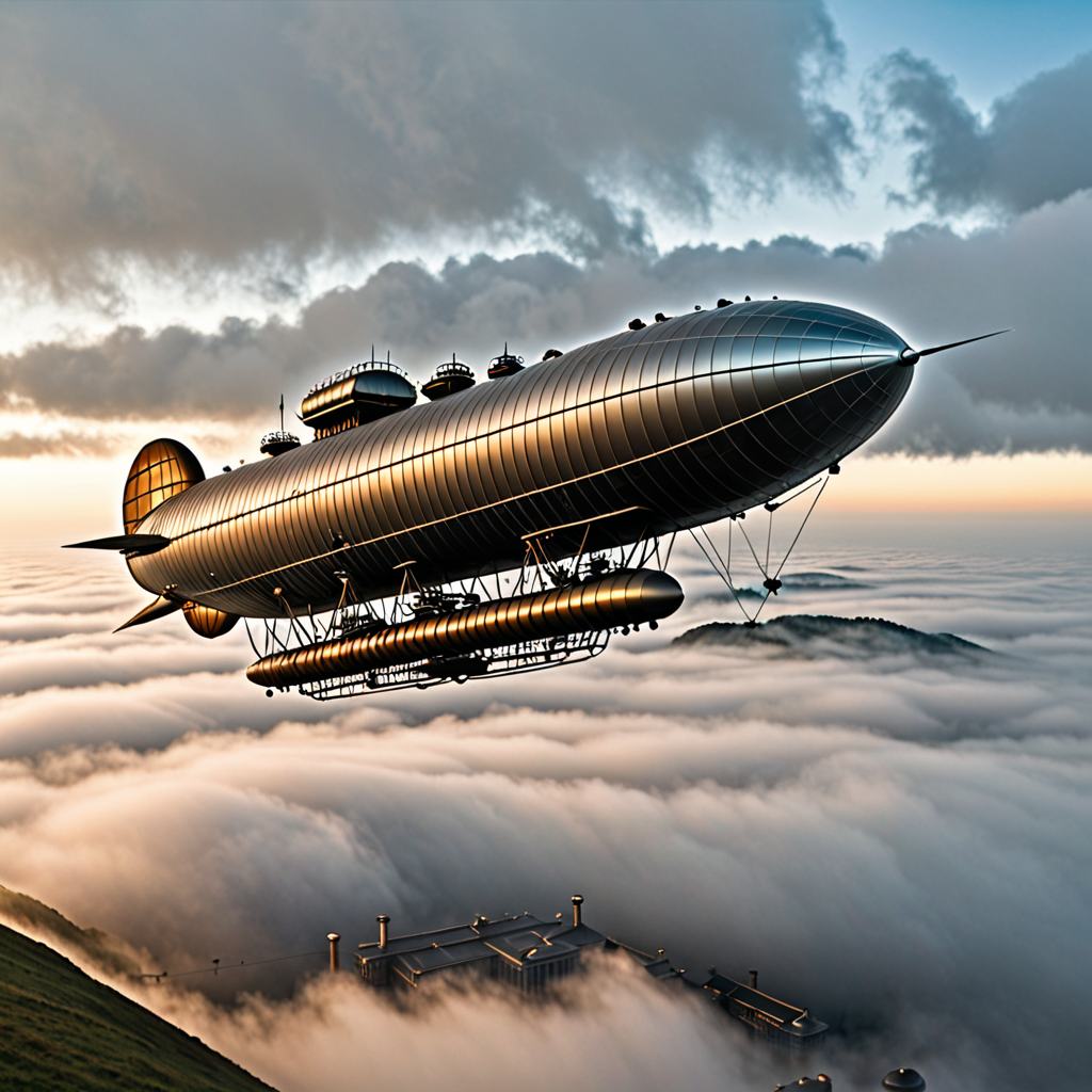 Steampunk airship on a sea of fog and mist, no ground visible, zeppelin ...