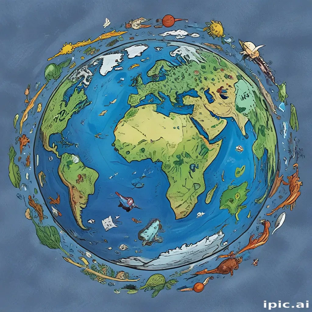 Whimsical Cartoon Representation of Earth Filled with Colorful Animals ...