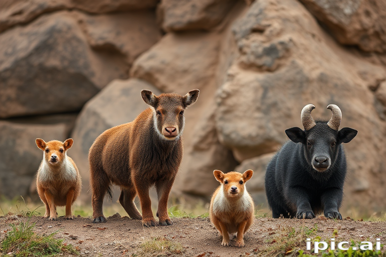Group of Diverse Animals Standing Together in a Natural Rocky Habitat