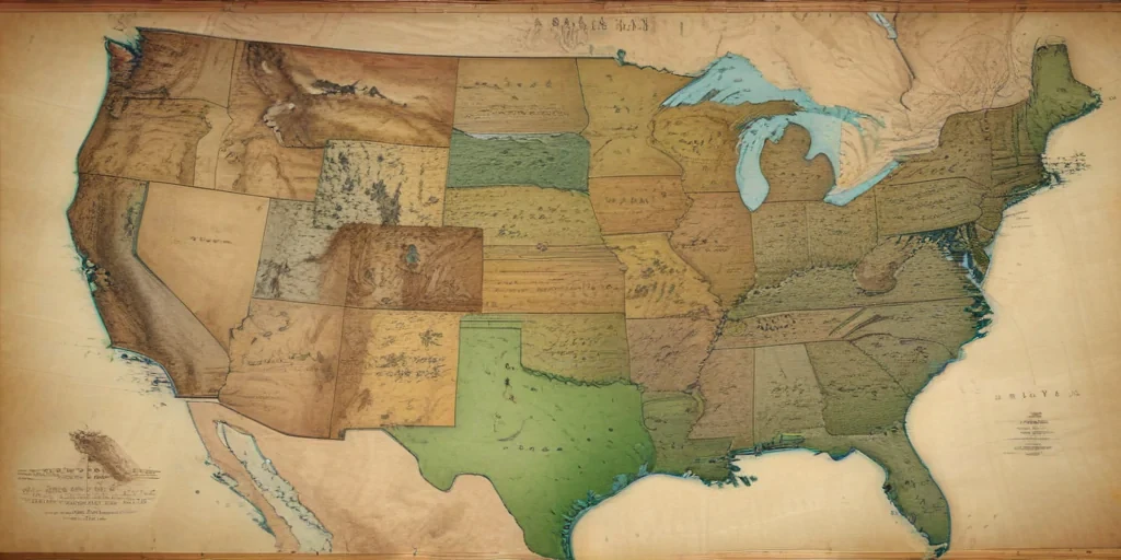 Historical Map of the United States Highlighting States and Natural ...