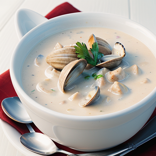 Delicious Bowl of Creamy Clam Chowder Garnished with Fresh Clams and Herbs