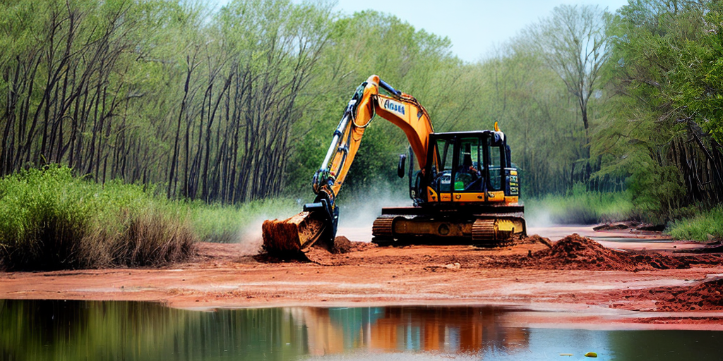An excavator in a swamp