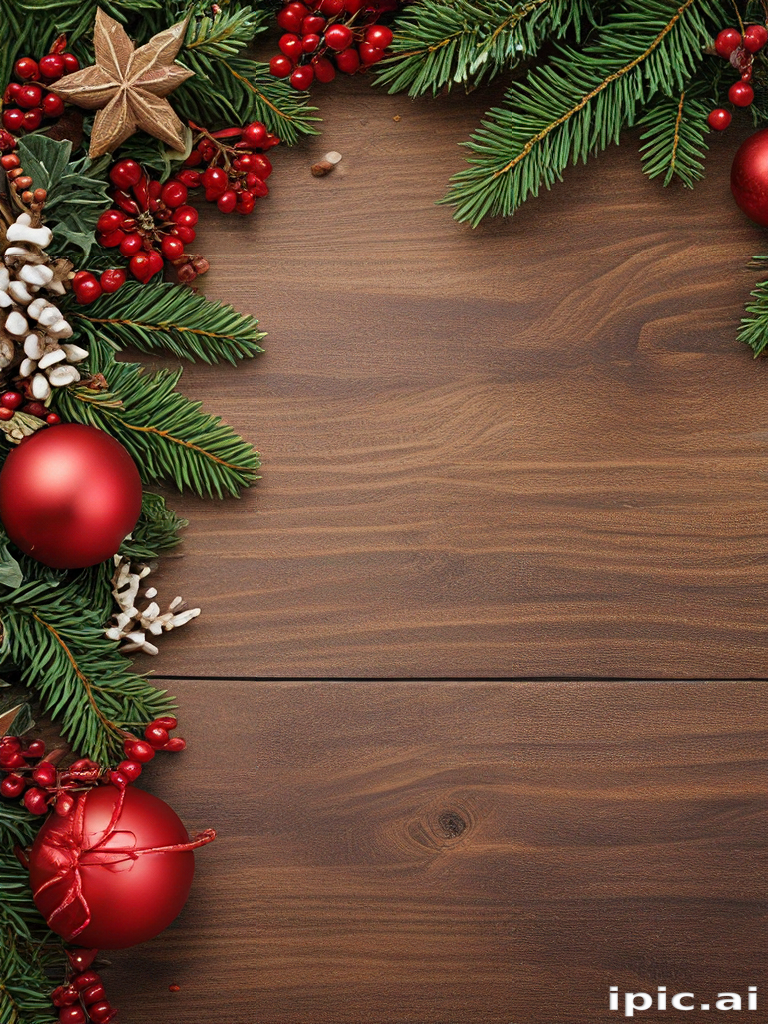 Festive Holiday Decorations with Ornaments and Greenery on Wooden Background.