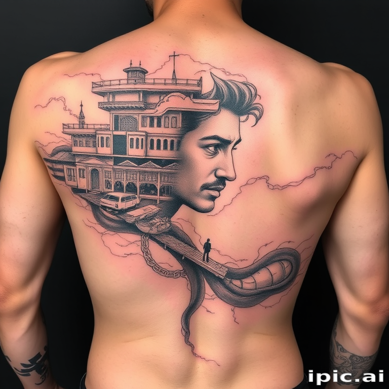 Intricate Tattoo Design Featuring a Man, Building, and Serpent on Back
