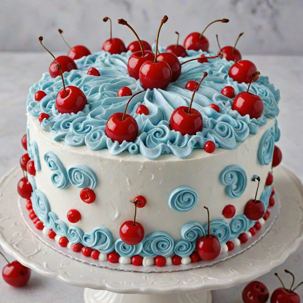 Deliciously Decorated Cake with Blue Swirls and Cherry Toppings on Top.