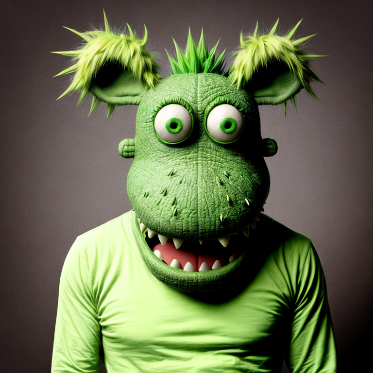 A green ugly monster with 4 ears, 1 eye, spiky yellow hair and a big mouth