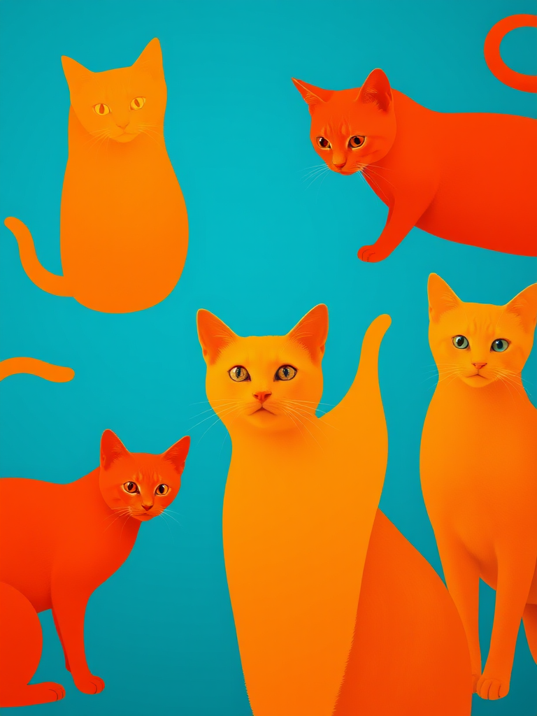 Colorful Illustration of Playful Cats in Vibrant Shades of Orange