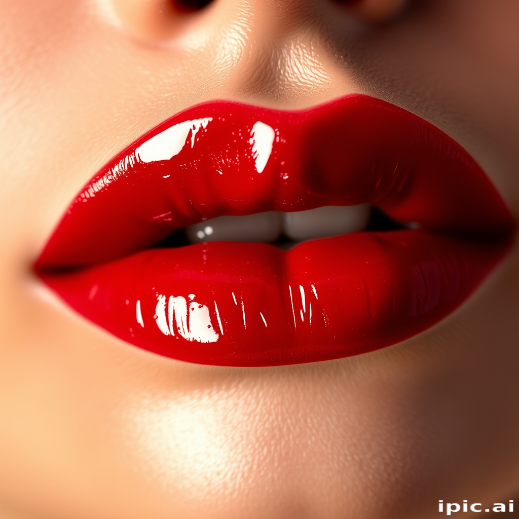 Close-Up of Glossy Red Lips with a Shiny and Luscious Finish