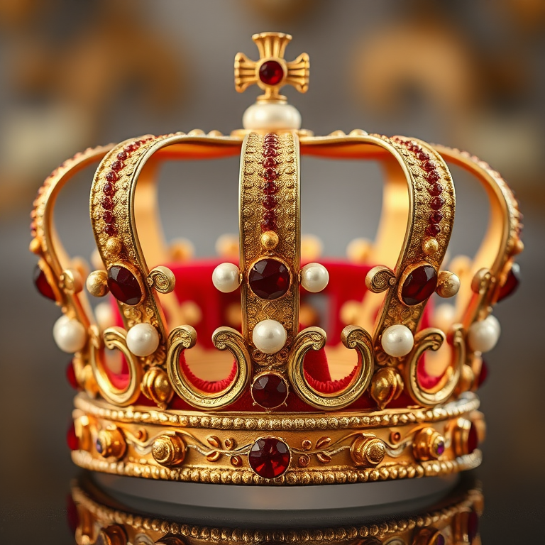 Exquisite Gold Crown Adorned with Red Jewels and Pearls for Royalty