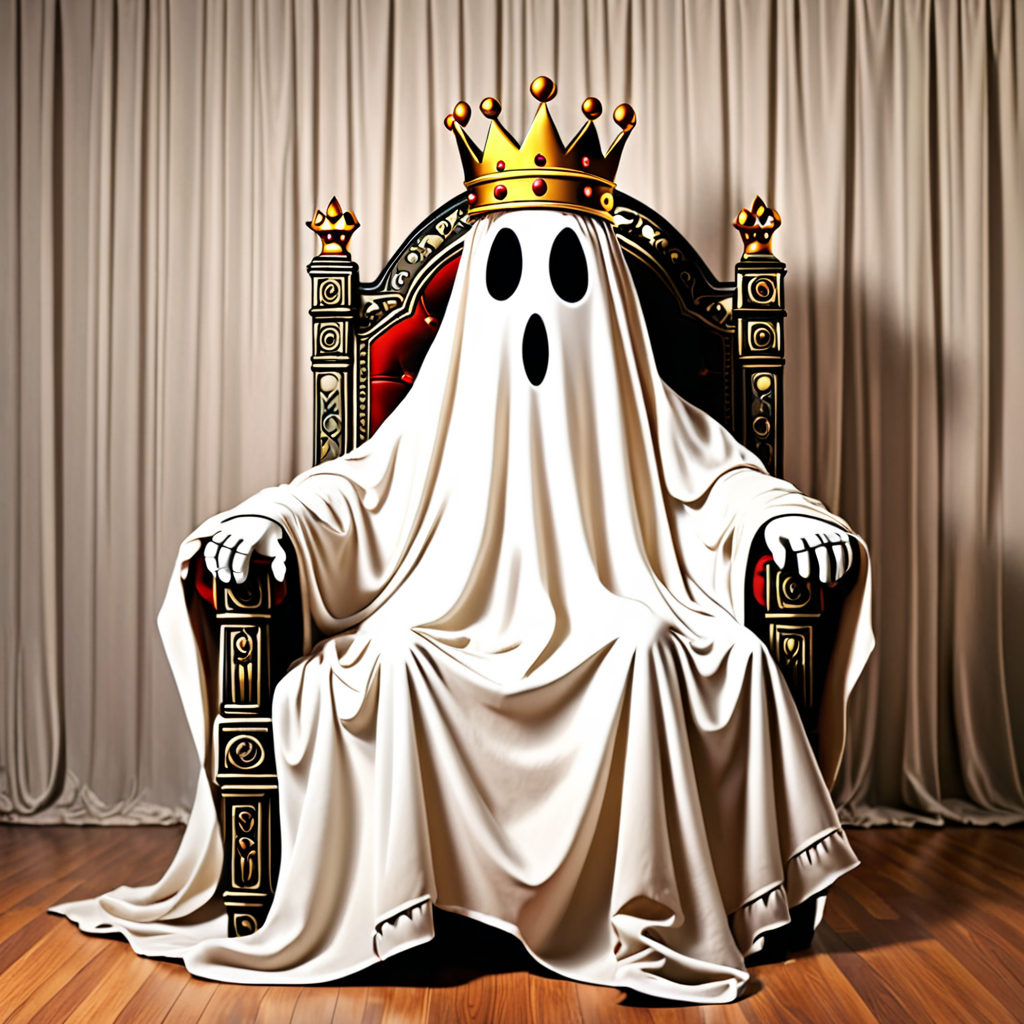 a scary bedsheet ghost king with a king crown sitting on a scary throne ...