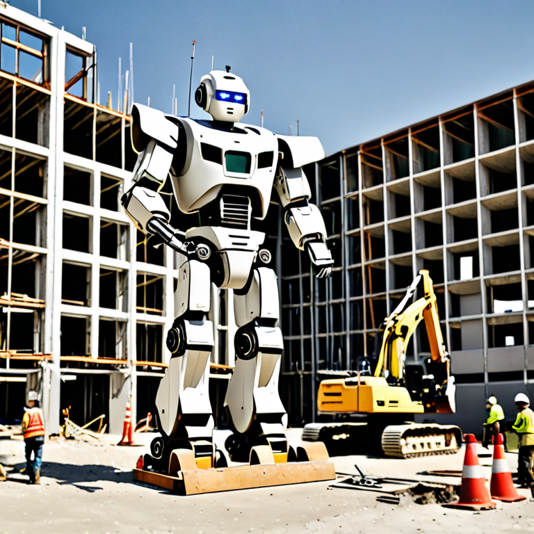 robot construction workers building a large building.