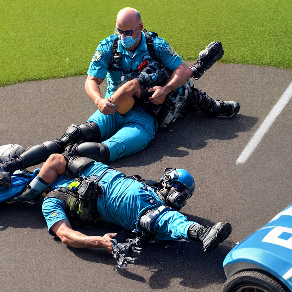 a bald paramedic with bionic arms and legs rescuing a person from a car ...