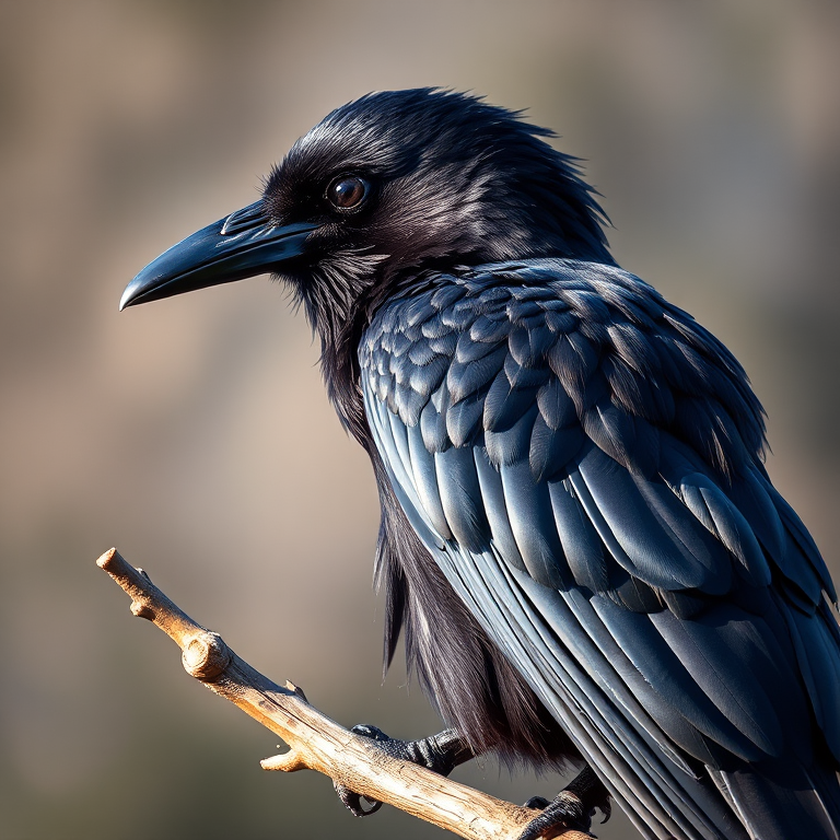 A Majestic Black Raven Perched Gracefully on a Branch in Nature.