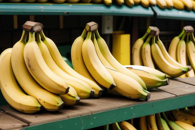 Fresh and Vibrant Yellow Bananas Arranged Neatly on Market Shelves