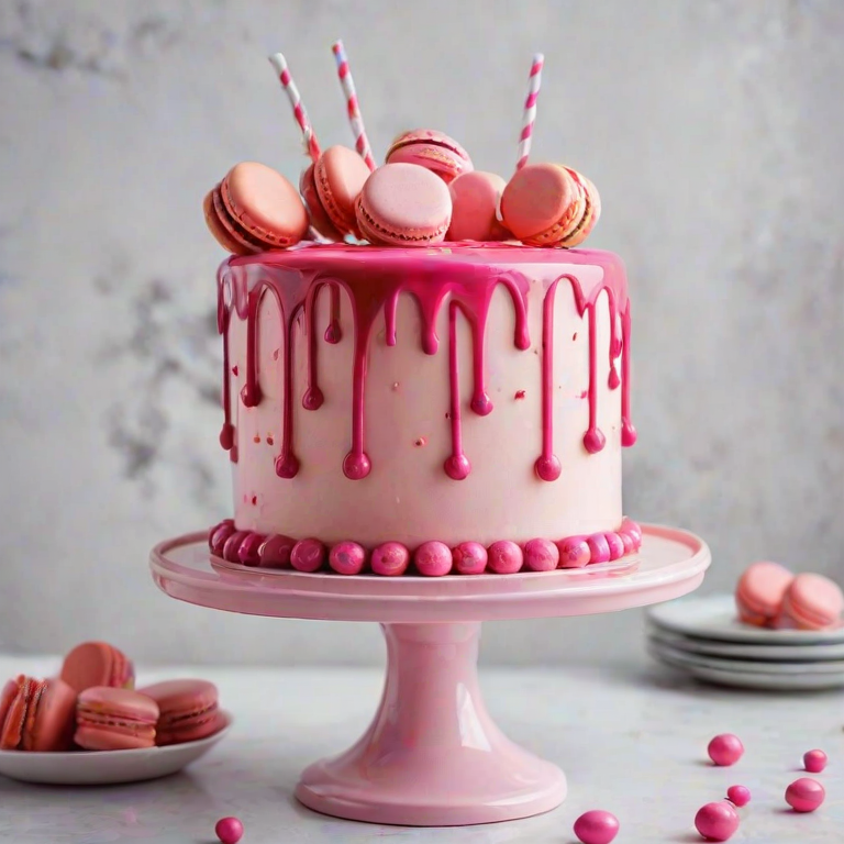Deliciously Beautiful Pink Drip Cake Topped with Macarons and Straws.