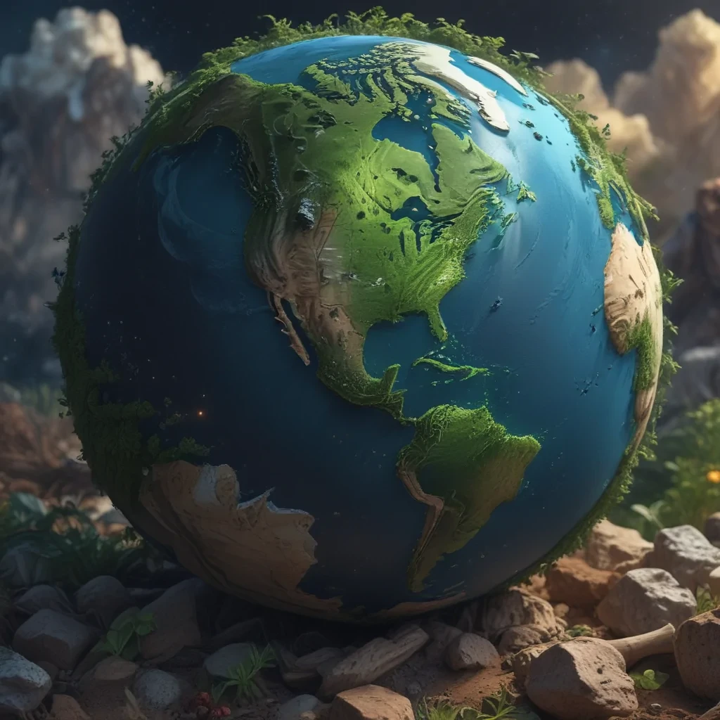 Vibrant Earth Surrounded by Lush Greenery and Rocky Terrain in Nature