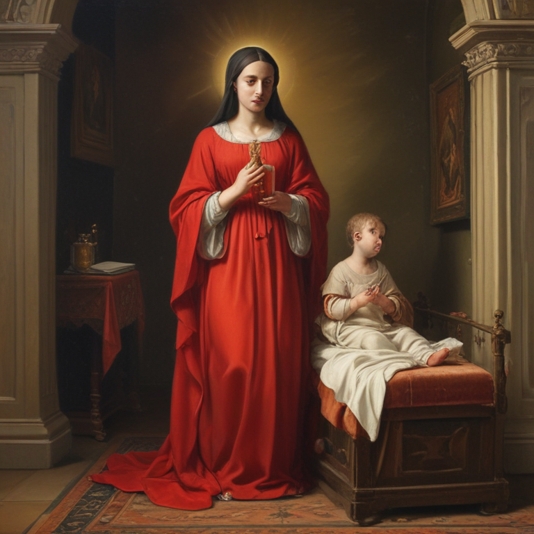 rennaisance painting of a room with mary holding baby jesus on the left ...