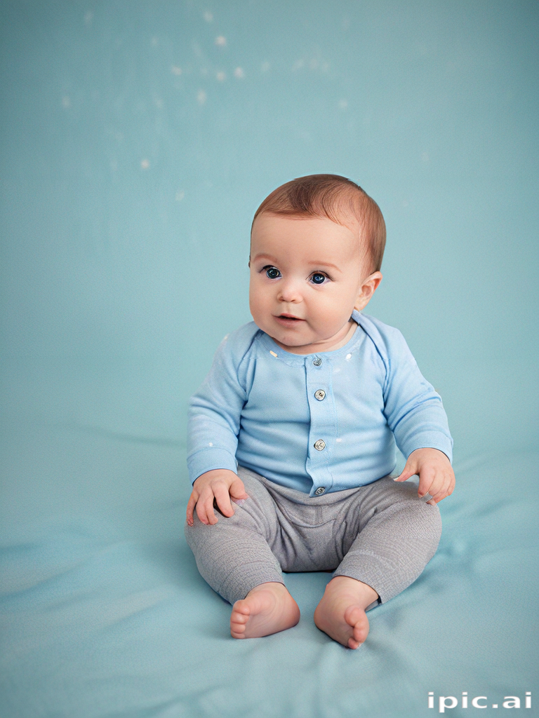 A Cute Baby Sitting on a Soft Blue Background with Curious Expression.