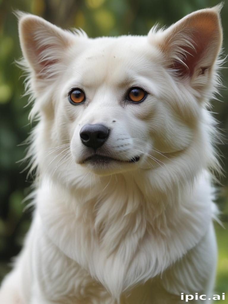 A Beautiful White Dog With Striking Amber Eyes Against a Green Background.
