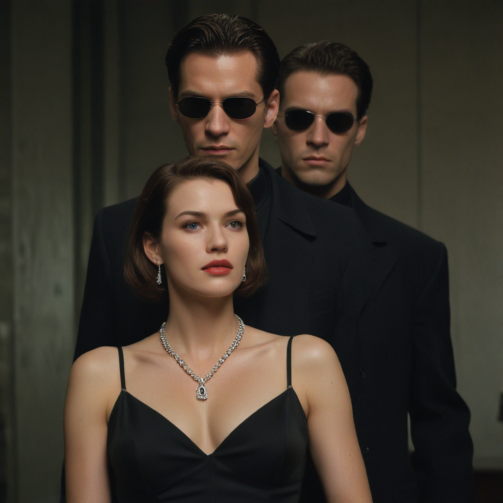 film noir scene, colored, the matrix color grading, couple, the man is ...