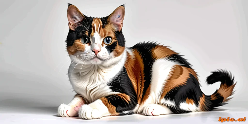 A Beautiful Calico Cat Relaxing Gracefully on a Light Background