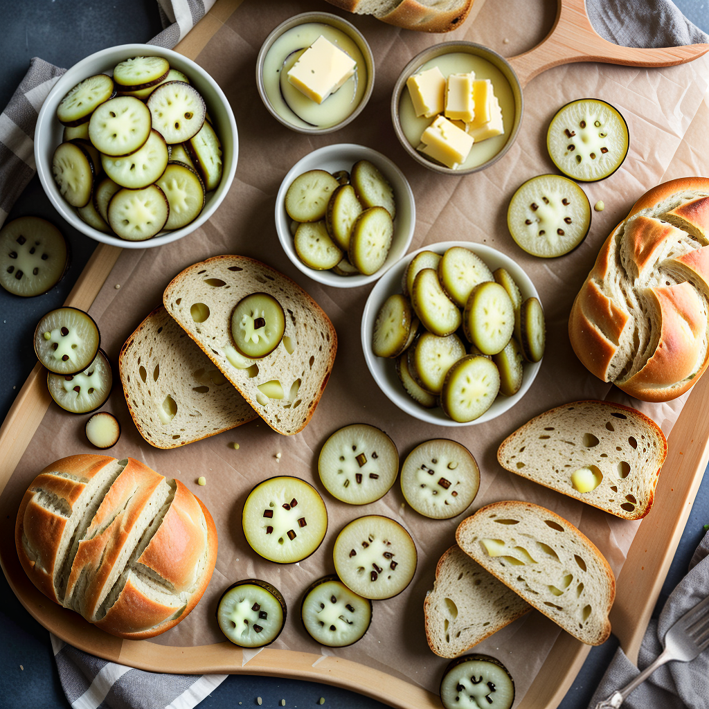 A Delicious Arrangement of Fresh Cucumbers, Bread, and Creamy Butter.