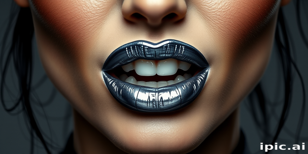 Striking Close-Up of Metallic Lipstick on Boldly Pouted Lips