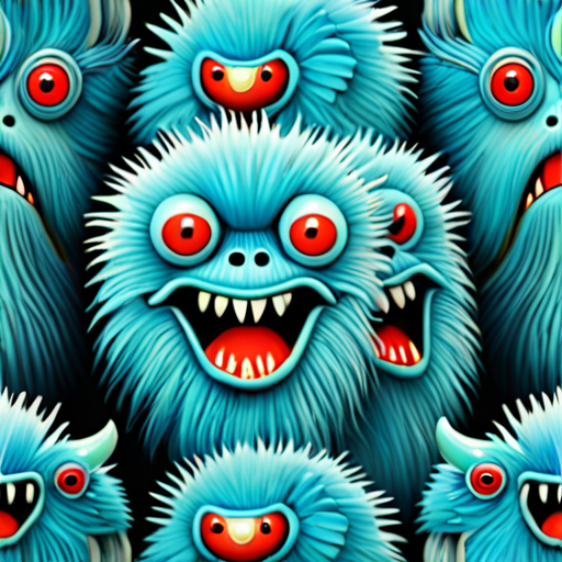 Photo realistic mid century realistic creepy fluffy light blue monsters