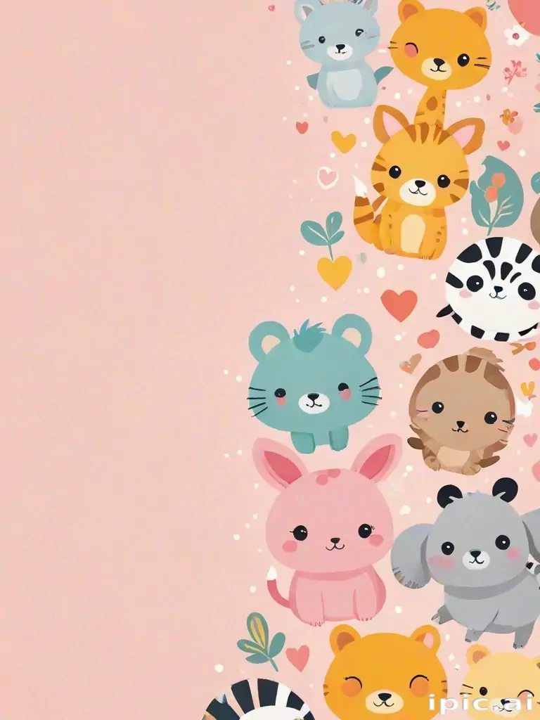 Adorable Collection of Cute Cartoon Animals on a Soft Pink Background