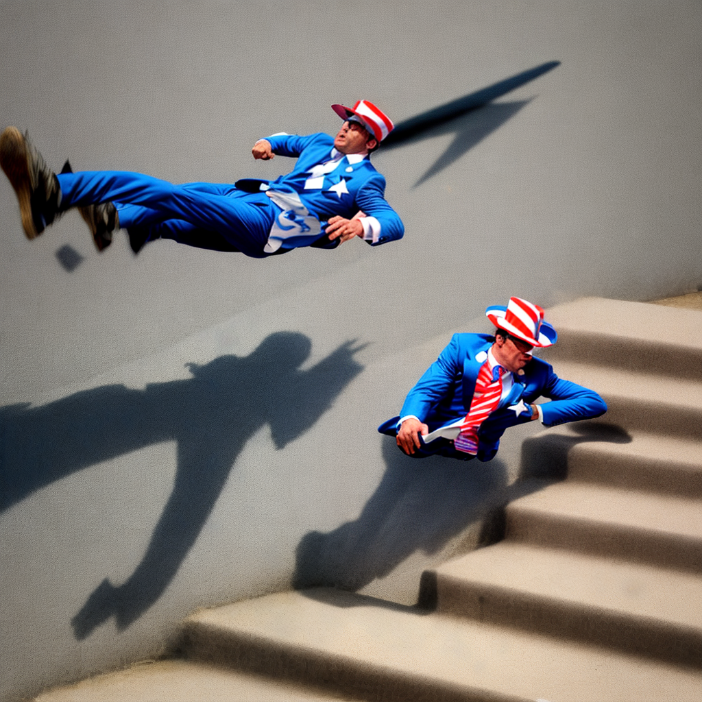 Uncle Sam falling down the stairs of a plane