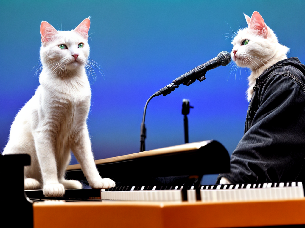 white cat playing the piano and singing on stage with a microphone ...