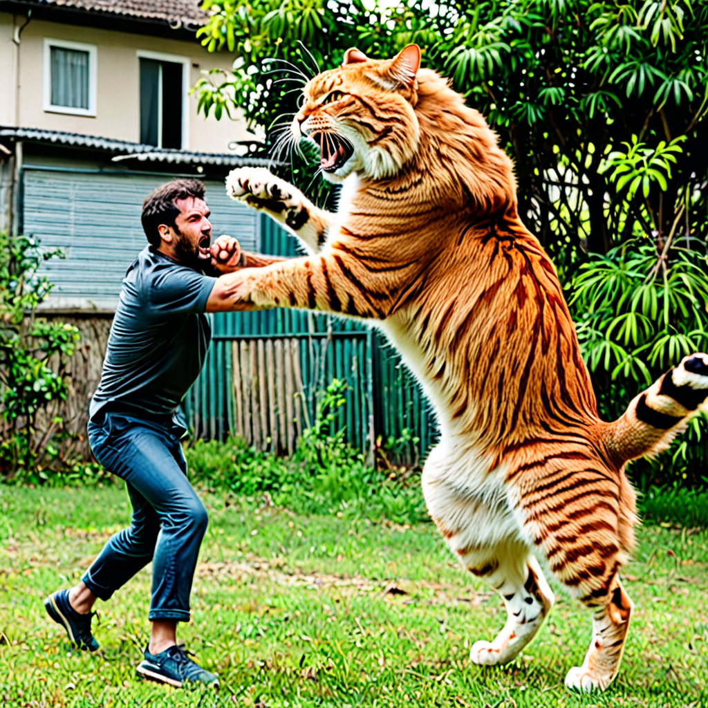 a man fighting a big scary cat