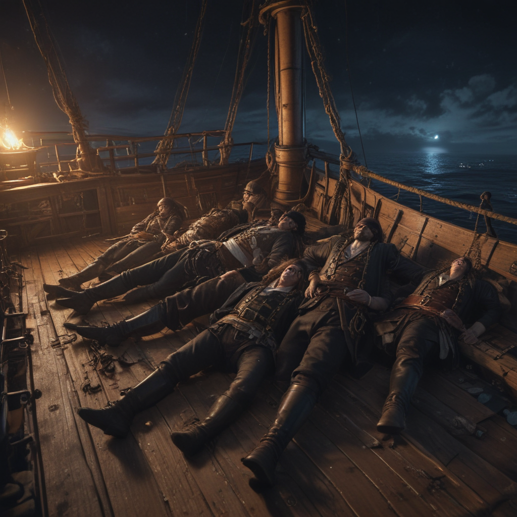 pirate bodies, lying motionless on the deck of a ship, at night ...