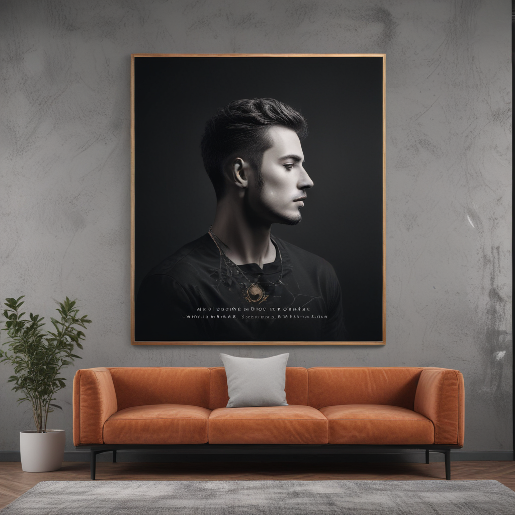 Striking Profile Portrait Displayed Above a Cozy Orange Sofa in Modern ...