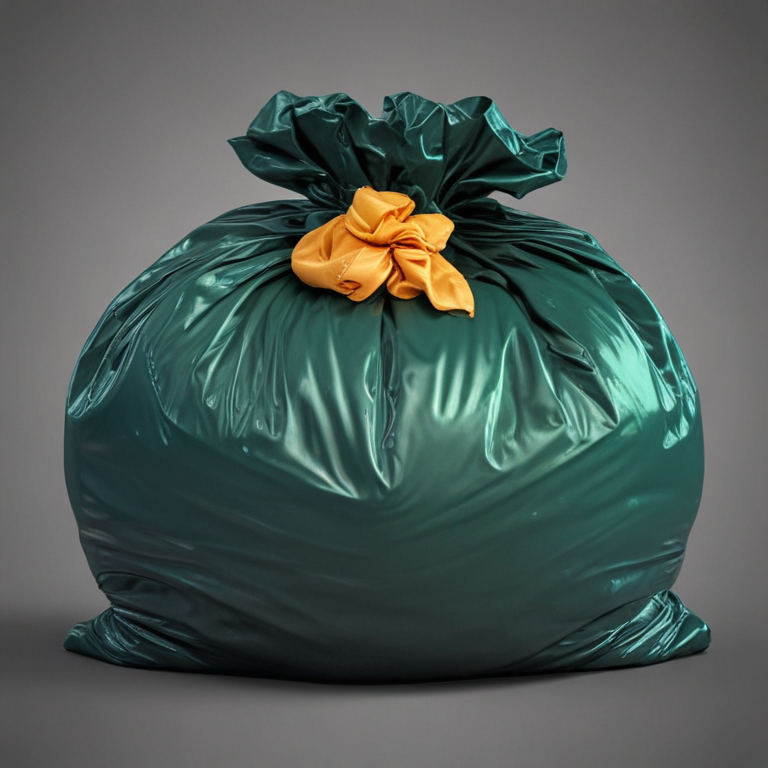 Brightly Colored Garbage Bag Filled with Unwanted Items on a Gray ...