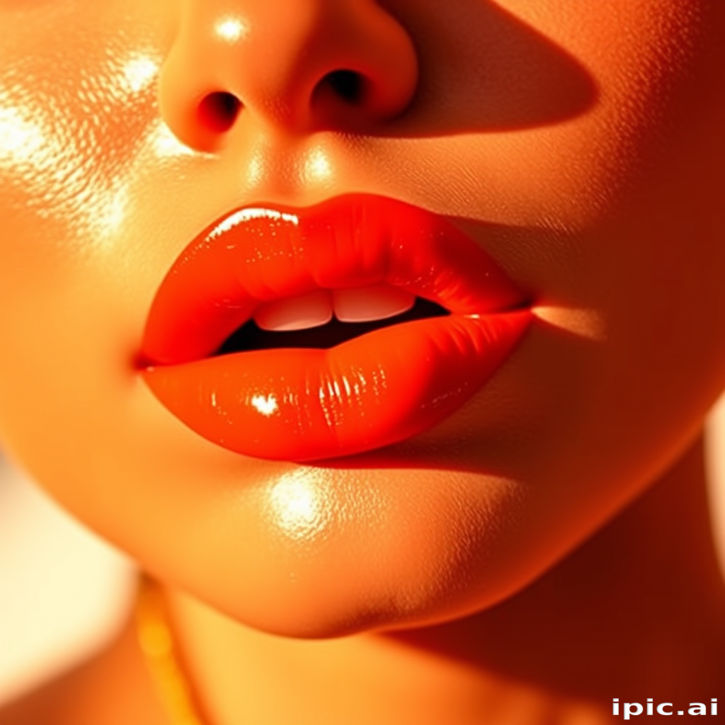 Close-Up of Glossy Orange Lips with Radiant Skin and Shine