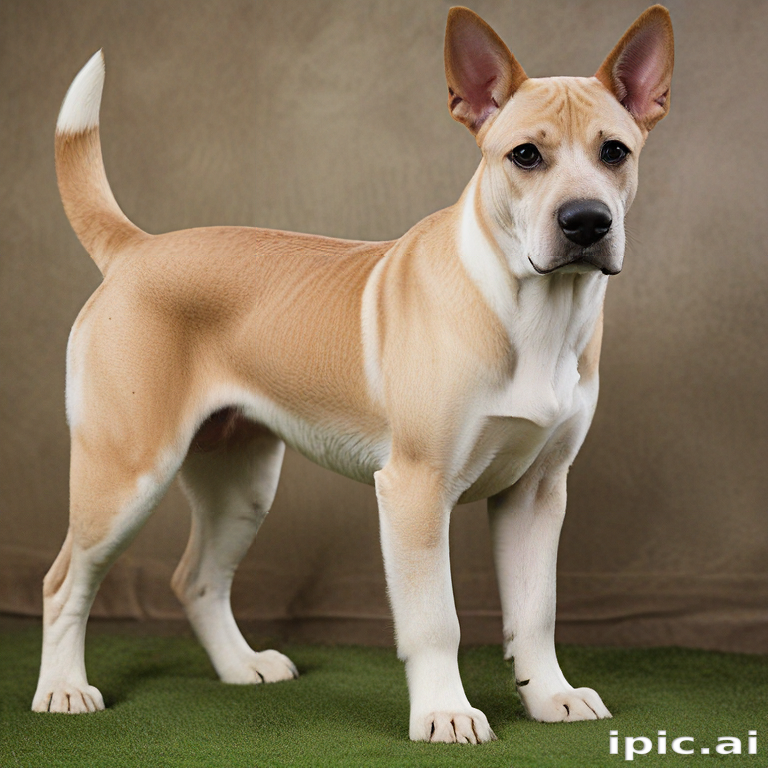 Adorable Tan and White Dog Posing Confidently Against a Neutral Background.