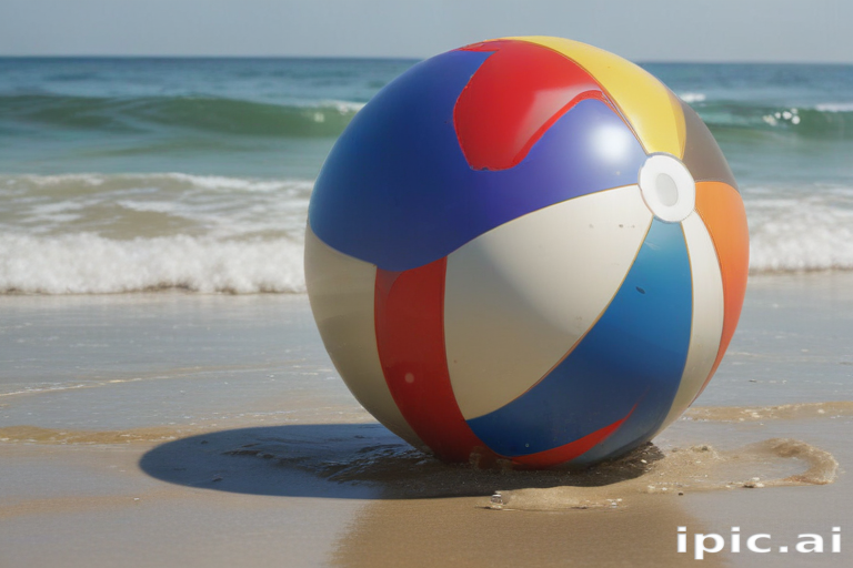 A Colorful Beach Ball Resting on the Sandy Shoreline by the Ocean.