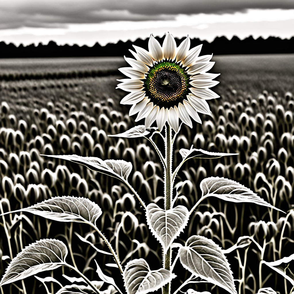 coloured sunflower in greyscale background of open field