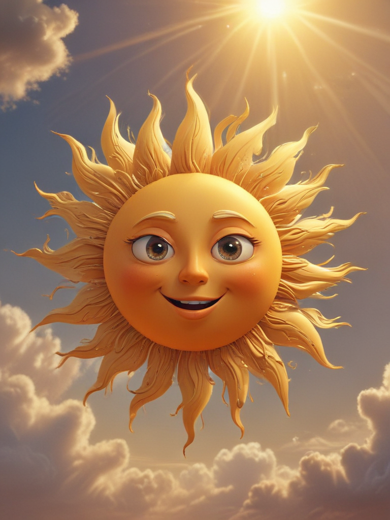 Happy Cartoon Sun Smiling Brightly Amongst Fluffy Clouds and Rays