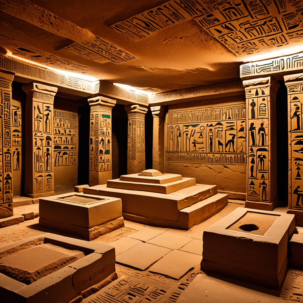 Interior of an underground Egyptian tomb. No people. Flat colors.