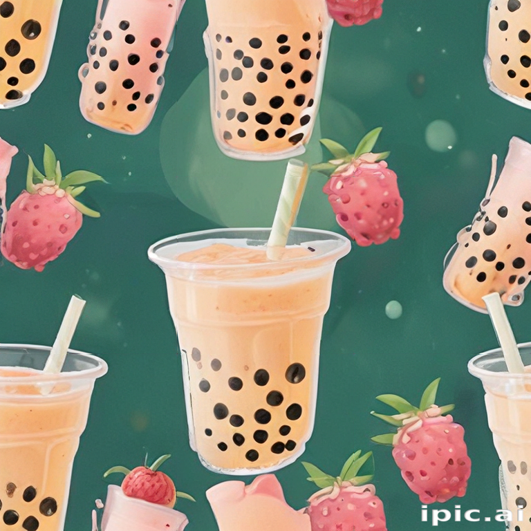 Delicious Boba Tea with Strawberries Surrounded by Colorful Fruit Patterns.