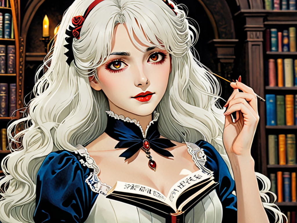 Ghibli 2d anime Manga woman vampire white curly hair Dark creepy book ...