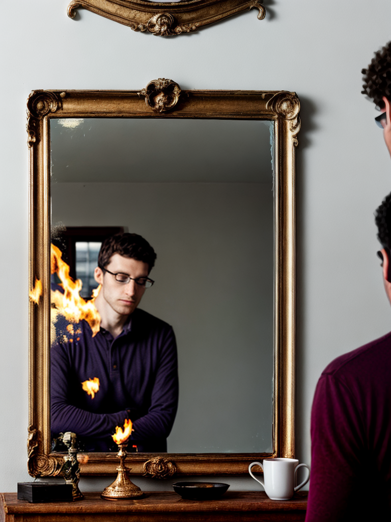 Person looking at himself in a broken mirror reflecting fire