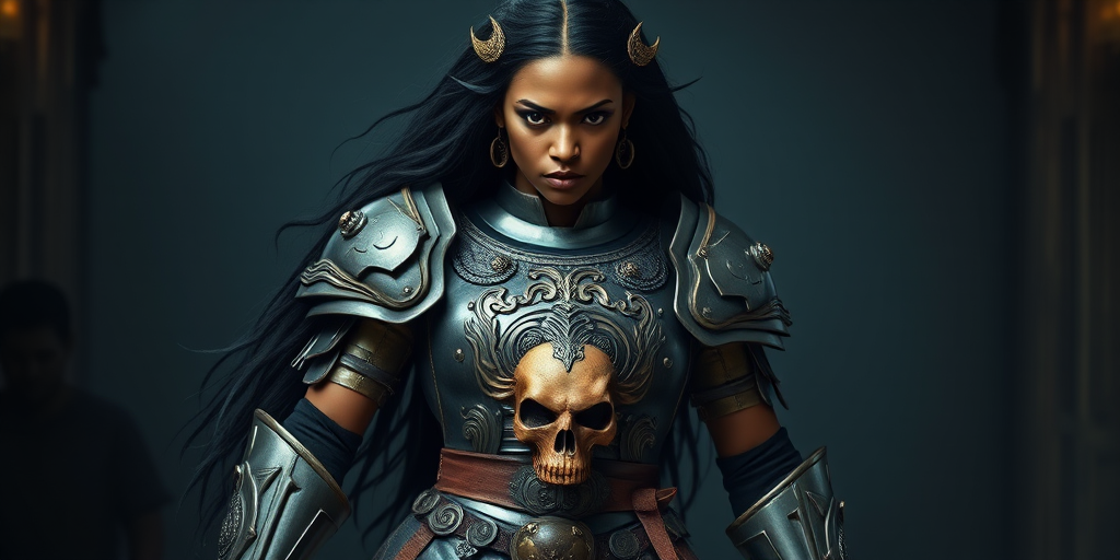 Fierce Warrior in Ornate Armor with Skull Emblem and Long Hair