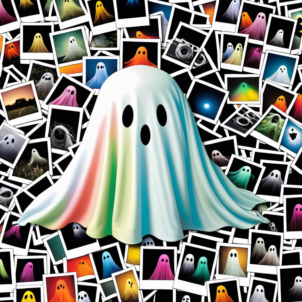 rainbow ghost surrounded by polaroids of other ghosts