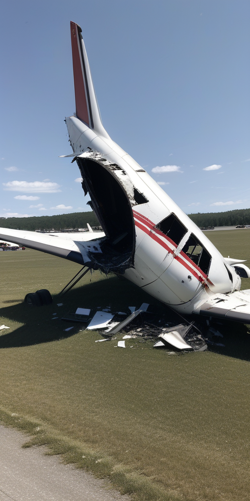 Damaged Aircraft on Runway with Visible Structural Damage and Debris ...