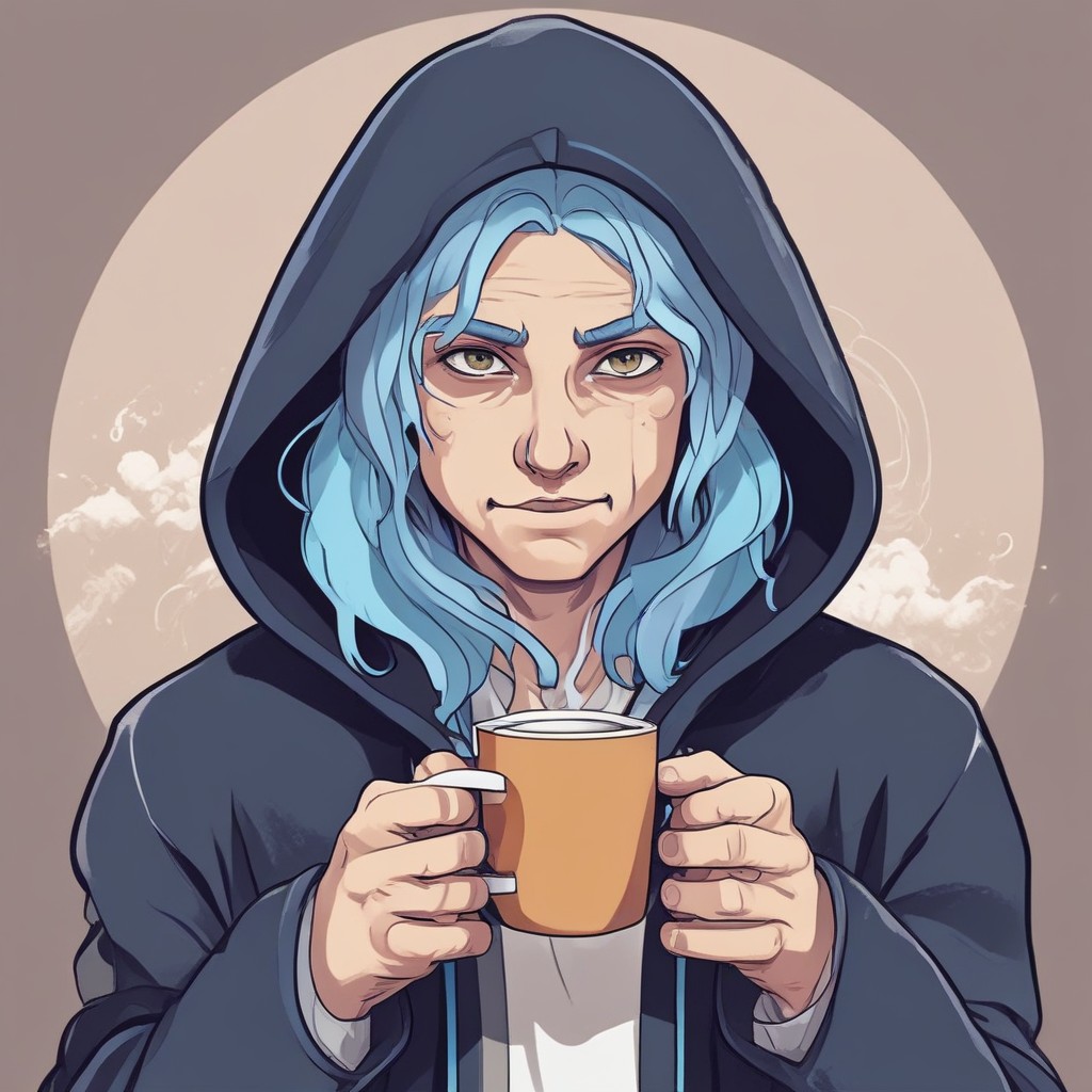 a man character in a black coat with a hood and some strands of blue ...