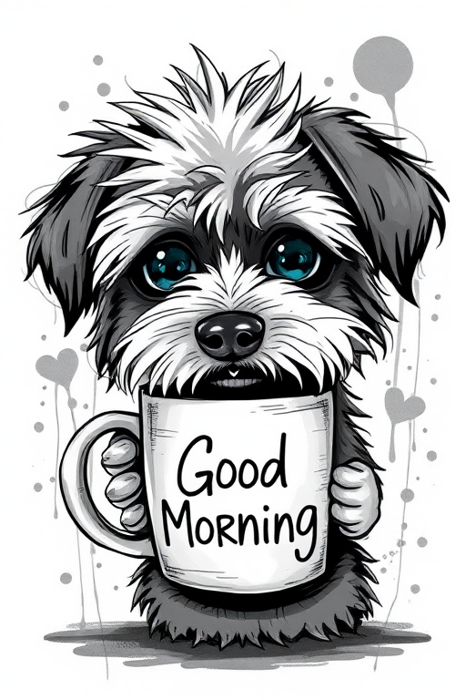 Adorable Cartoon Dog Holding a Coffee Mug with Good Morning Message